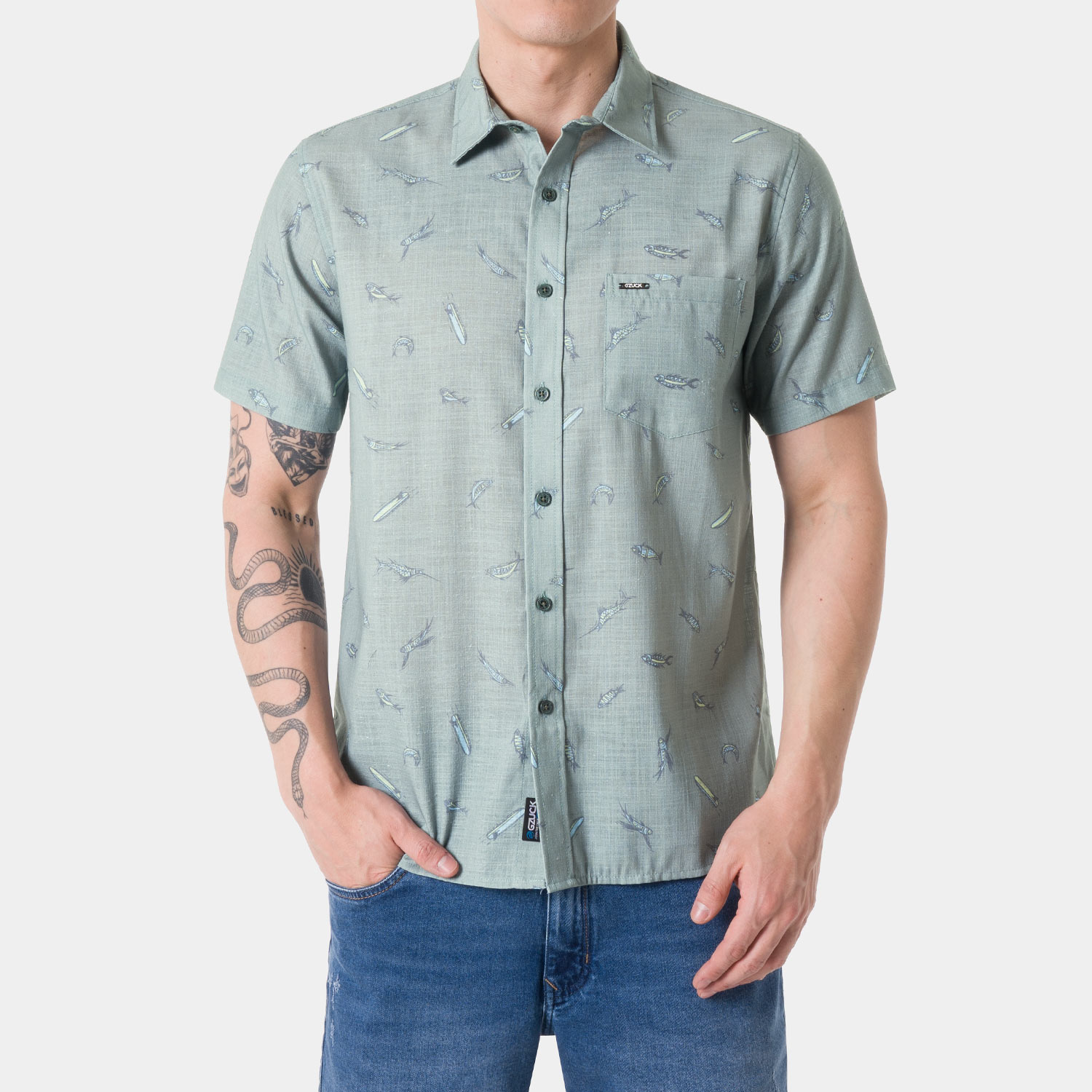 Camisa Full Print. M/C (Reg. Fit) Marine Print Verde Olivo | Gzuck
